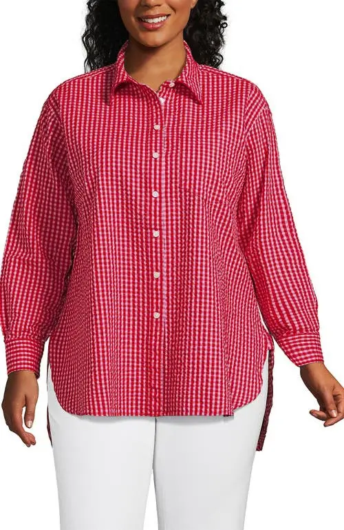 LANDS' END Oversized Seersucker Shirt - Compass Red/pink Gingham