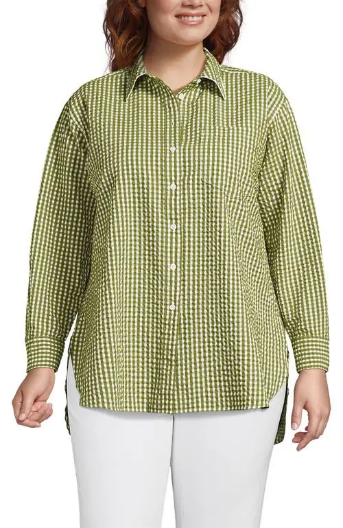LANDS' END Oversized Seersucker Shirt - Vintage Lime Green Gingham