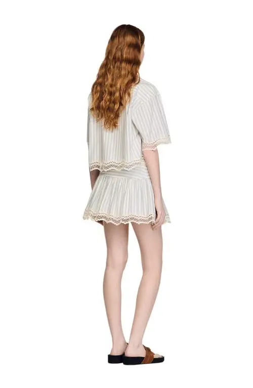Sandro Striped Cotton Skort With Lace Trim - Ecru/bleu