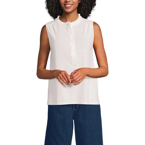 LANDS' END Linen Blend Ruffle Trim Tank Top - Ivory