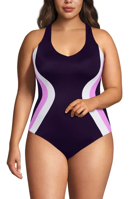 LANDS' END Tugless Contour One Piece - Blackberry/pink Colorblock