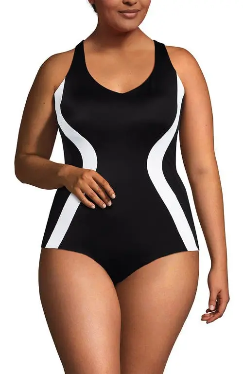LANDS' END Tugless Contour One-piece Swimsuit - Black/white