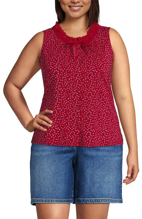 LANDS' END Lightweight Jersey Button Front Tank With Lace Trim - Compass Red Ditsy Floral