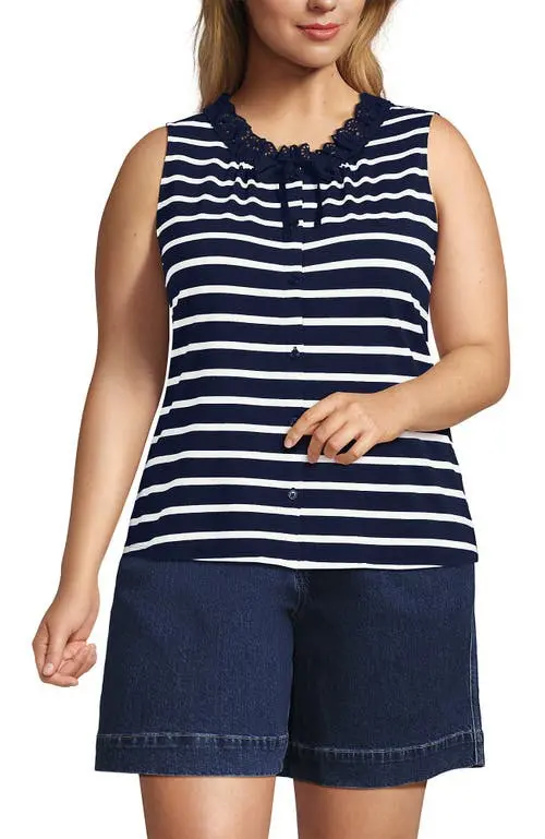 LANDS' END Lightweight Jersey Button Front Tank With Lace Trim - Deep Sea Navy Clean Stripe