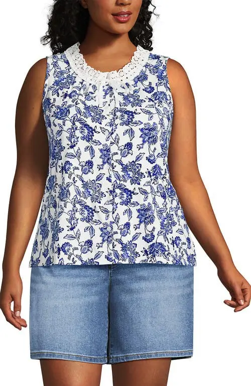 LANDS' END Lightweight Jersey Button Front Tank With Lace Trim - Ivory/blue Vintage Floral