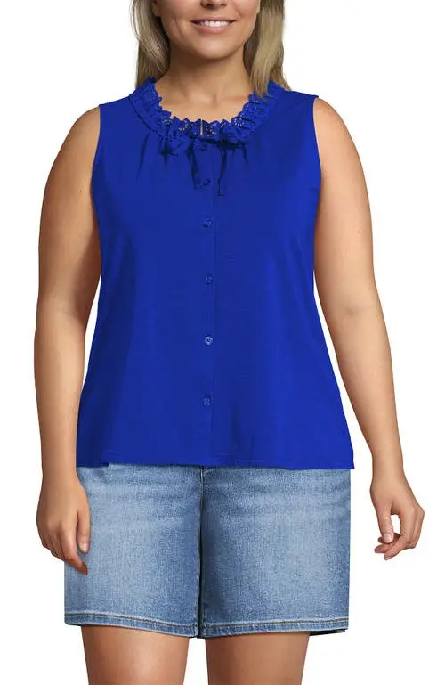 LANDS' END Lightweight Jersey Button Front Tank With Lace Trim - Vibrant Lapis
