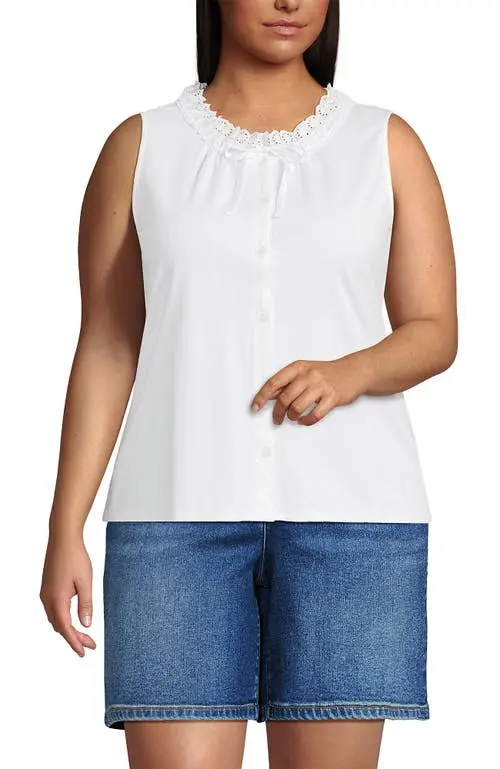 LANDS' END Lightweight Jersey Button Front Lace Trim Tank - White