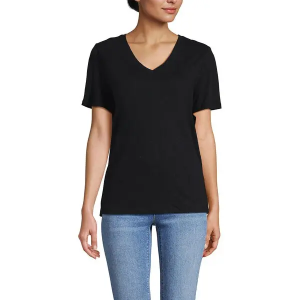 LANDS' END Short Sleeve Linen Blend V-neck Tee - Black