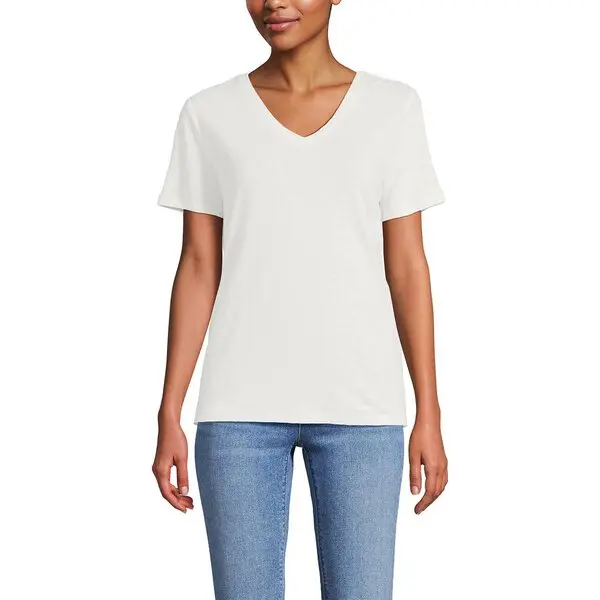 LANDS' END Short Sleeve Linen Blend V-neck Tee - Ivory