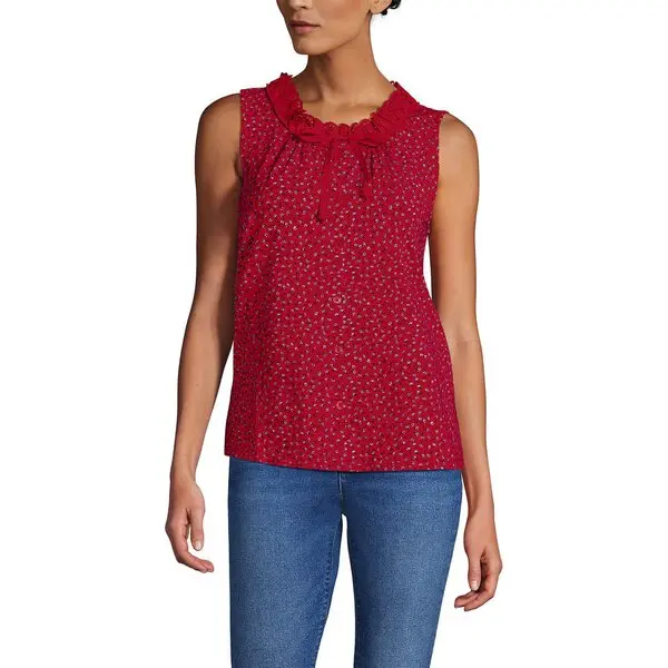 LANDS' END Lightweight Jersey Button Front Lace Trim Tank - Compass Red Ditsy Floral