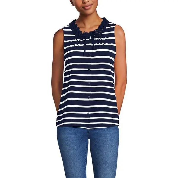 LANDS' END Lightweight Jersey Button Front Lace Trim Tank - Deep Sea Navy Clean Stripe