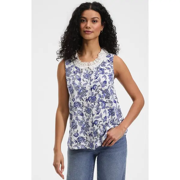 LANDS' END Lightweight Jersey Button Front Lace Trim Tank - Ivory/blue Vintage Floral