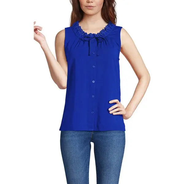 LANDS' END Lightweight Jersey Button Front Lace Trim Tank - Vibrant Lapis