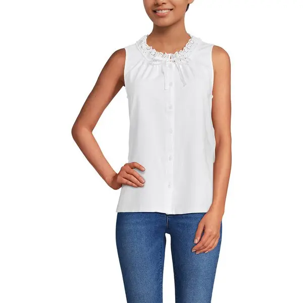 LANDS' END Lightweight Jersey Button Front Lace Trim Tank - White