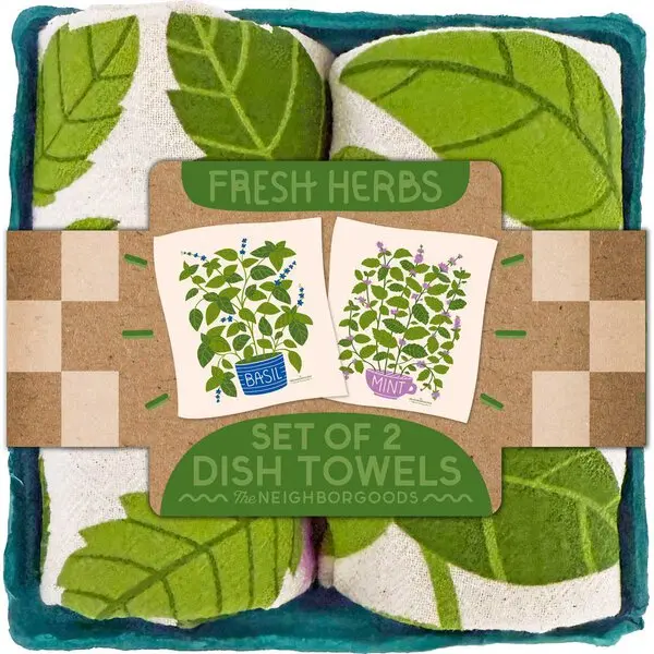 THE NEIGHBORGOODS Fresh Herbs- Dish Towel Set Of 2 - Green