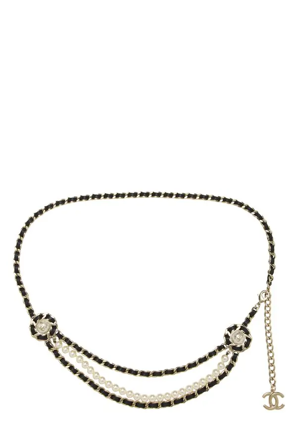 Chanel Gold-tone Faux Pearl Chain Belt - Black