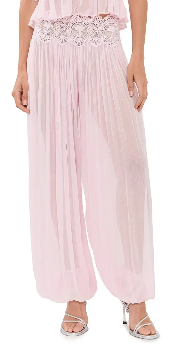 Retrofete Dreamy Wide Leg Chiffon Pants With Lace Trim - Rosa