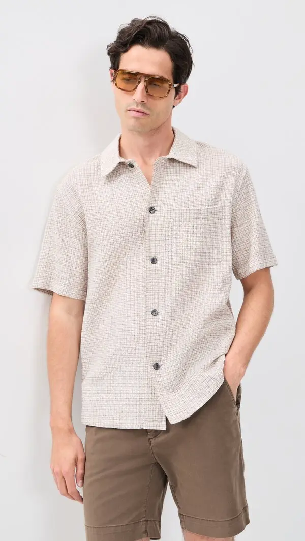 Theory Short Sleeve Shirt In Mini Textured Check - Morel Multi
