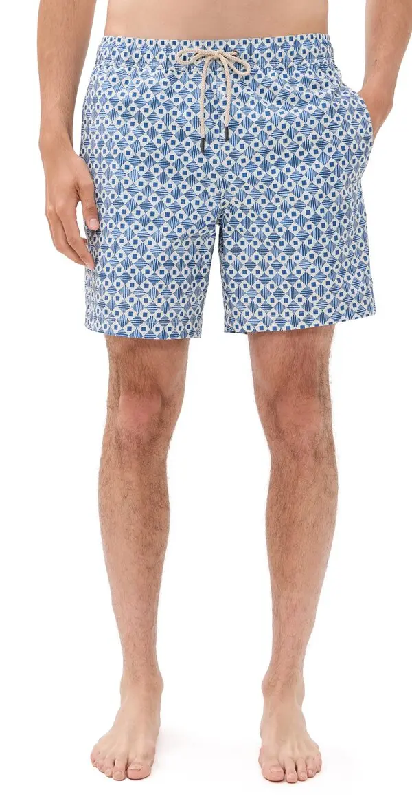 FAIR HARBOR Bayberry Swim Trunks With Geometric Print - Seersucker Sea Blue Tiles