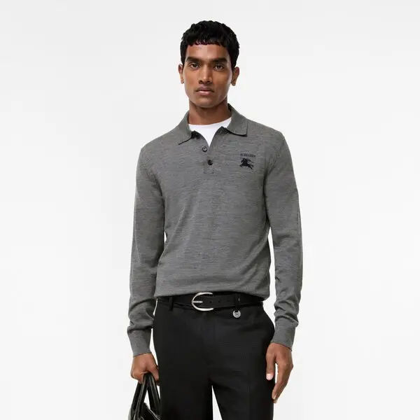 Burberry Long-sleeve Knight Wool Polo Shirt - Grey