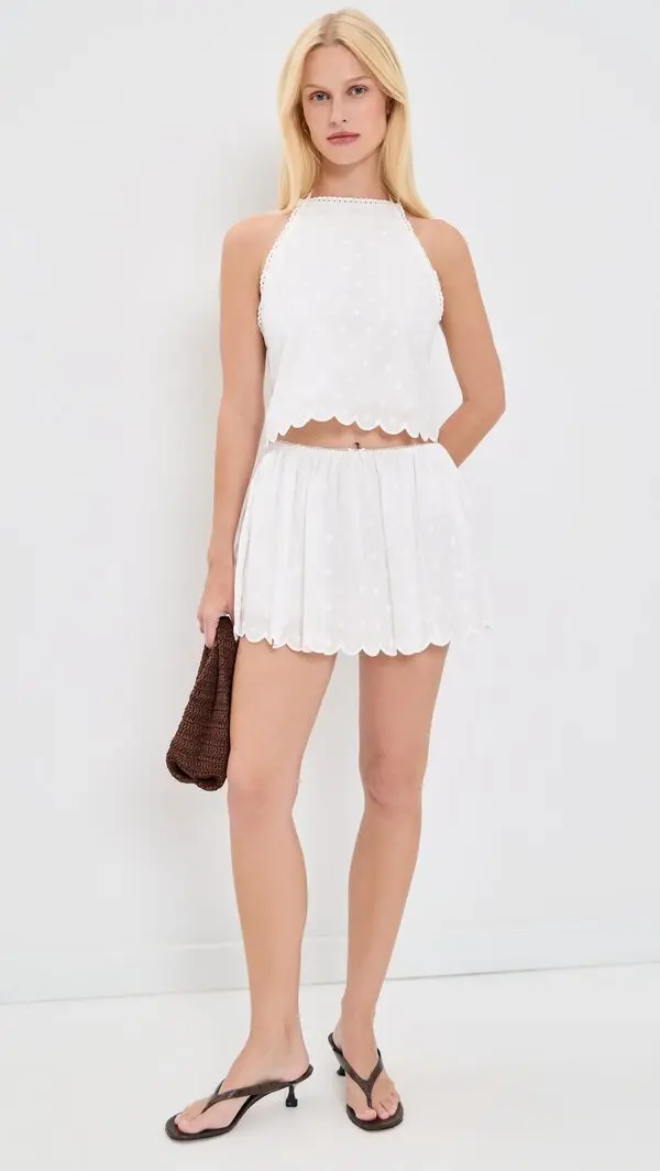 NIA Paloma Skirt Embroidered Polka Dot Mini With Scalloped Hem