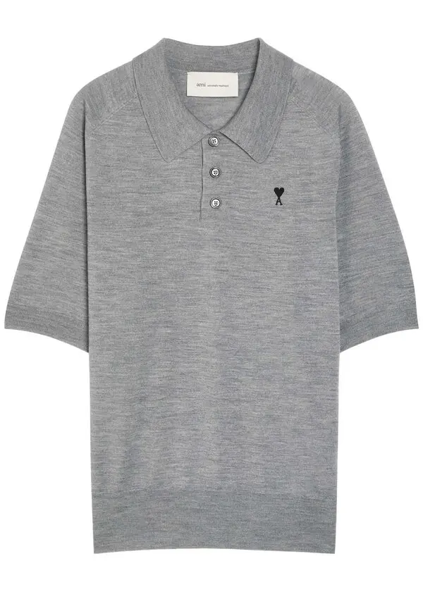 AMI Paris Logo-embroidered Wool Polo Shirt - Grey
