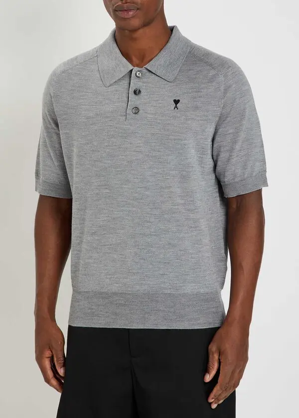 AMI Paris Logo-embroidered Wool Polo Shirt - Grey