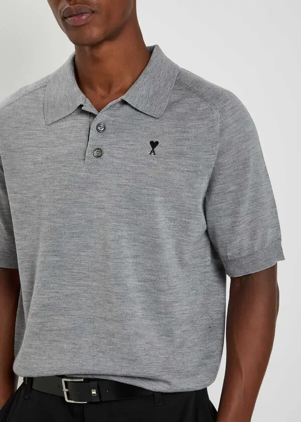 AMI Paris Logo-embroidered Wool Polo Shirt - Grey