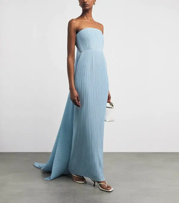Solace London Pleated Strapless Gown - Blue