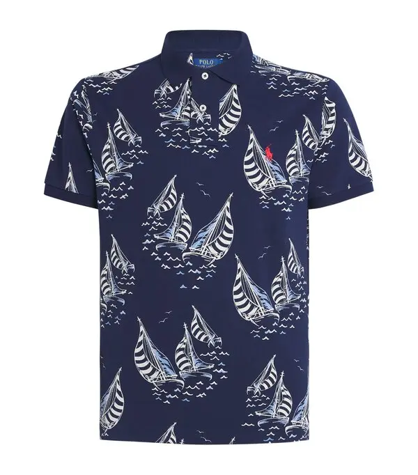 Polo Ralph Lauren Cotton-mesh Sailboat Print Polo Shirt - Navy