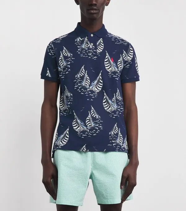 Polo Ralph Lauren Cotton-mesh Sailboat Print Polo Shirt - Navy