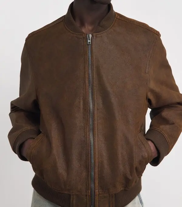 7 For All Mankind Distressed Leather Bomber Jacket