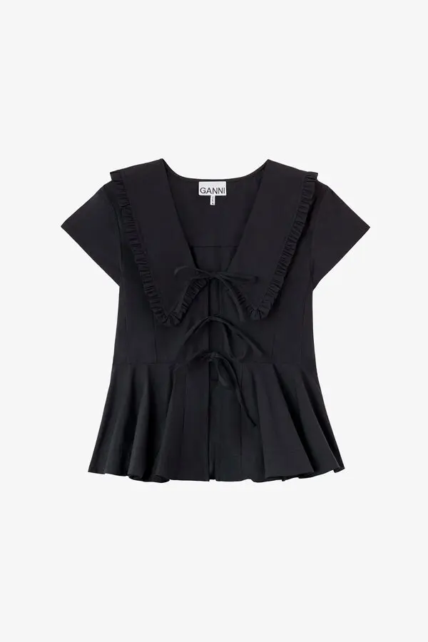 GANNI V-neck Blouse With Scarf Detail And Long Sleeves - Black