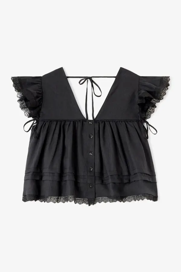 GANNI V-neck Lace Trimmed Blouse - Black