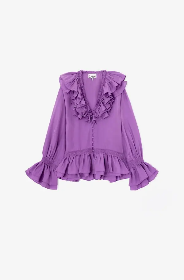 GANNI V-neck Blouse With Scarf Detail And Long Sleeves - Bright Violet