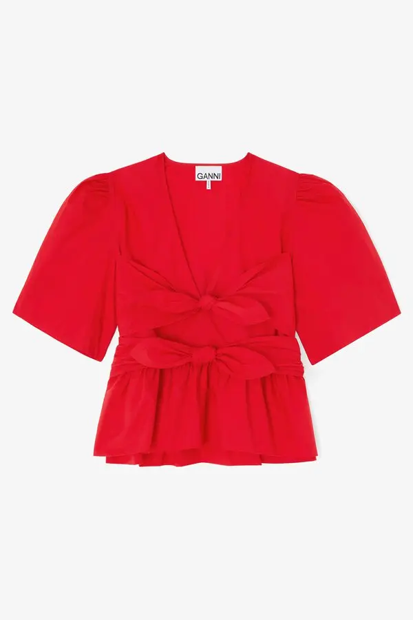 GANNI V-neck Scarf Detail Blouse - Red