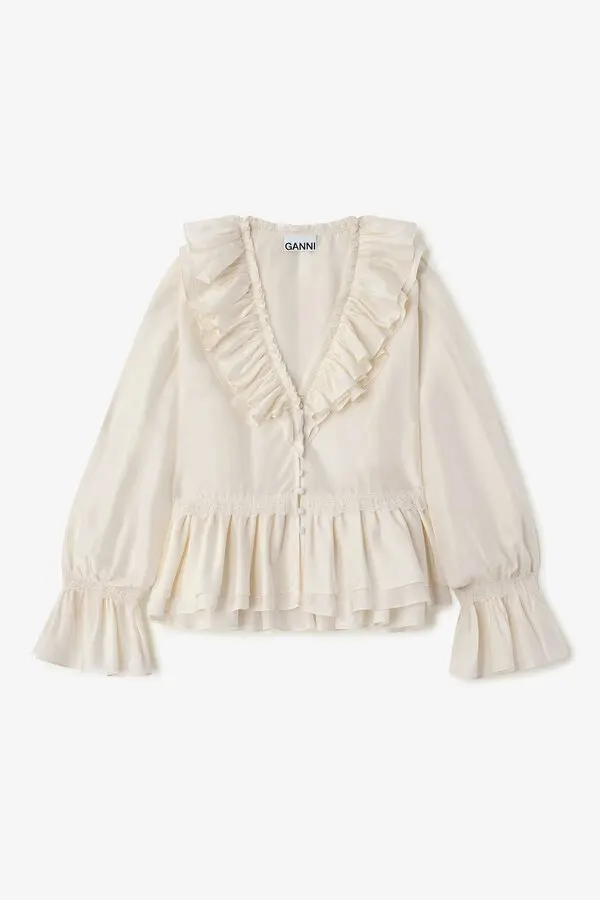 GANNI V-neck Blouse With Scarf Detail And Long Sleeves - White