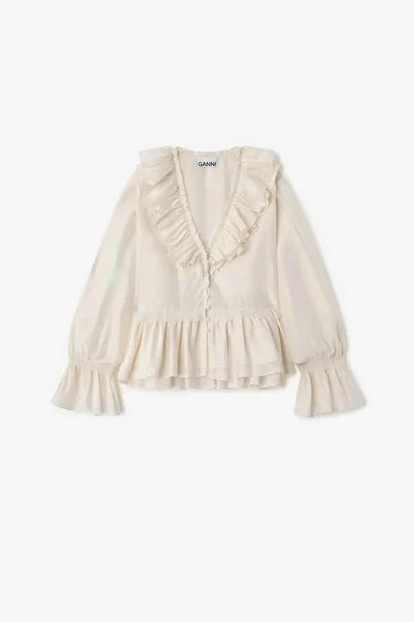 GANNI V-neck Ruffled Blouse - White