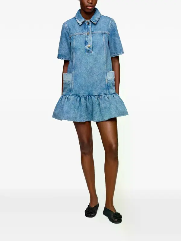 GANNI Ruffled Denim Mini Dress - Blue