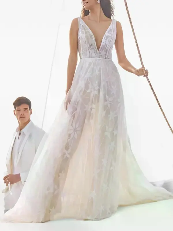 PRONOVIAS Floral-lace V-neck Dress - Neutrals