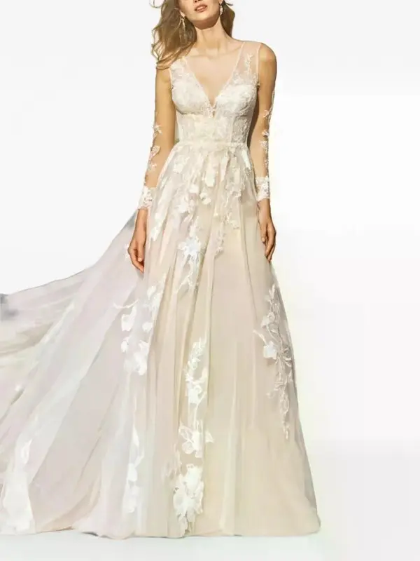 PRONOVIAS Floral Appliqué V-neck Dress - Neutrals