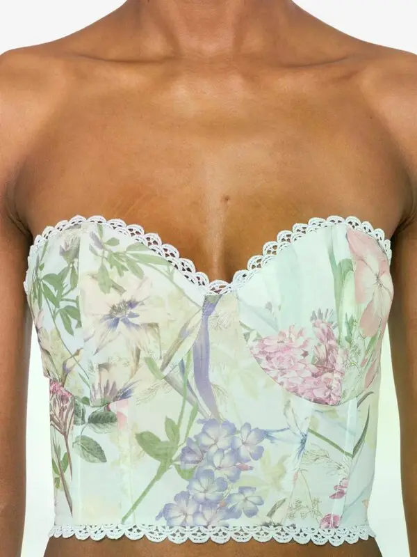 Charo Ruiz Ibiza Bio Floral-print Lace-trimmed Strapless Cropped Top - Blue