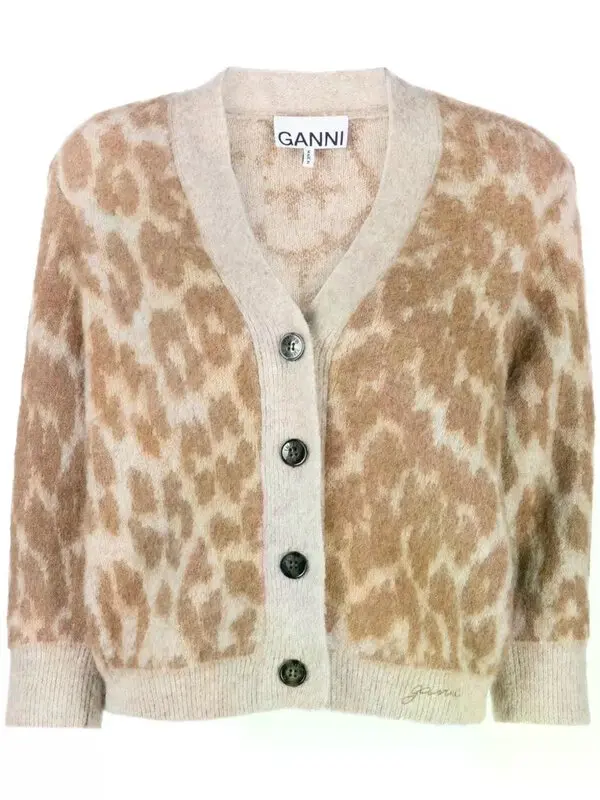GANNI Leopard Jacquard Cardigan - Neutrals