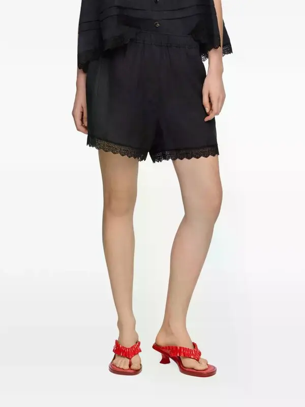 GANNI Linen Shorts With Lace Trim - Black