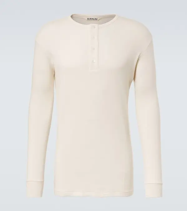 Auralee Ribbed-knit Cotton Henley Shirt - White
