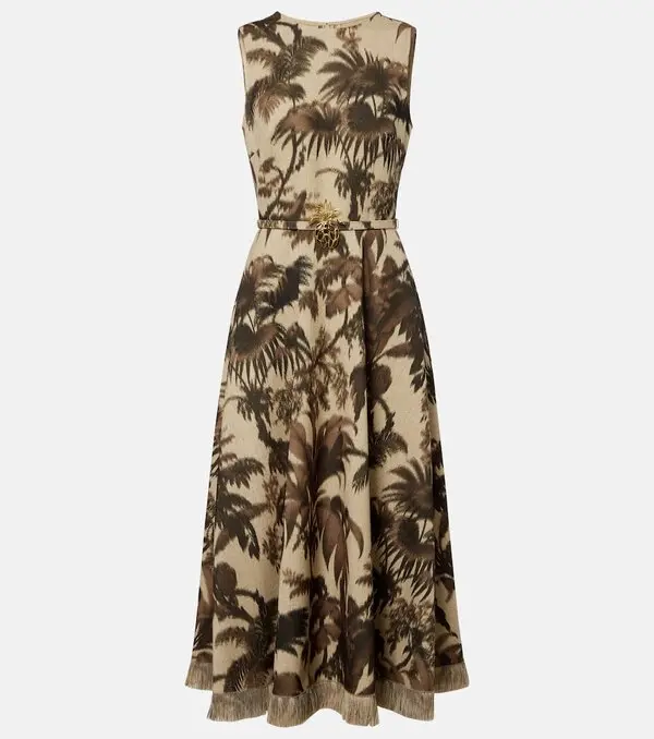Oscar De La Renta Belted Fringed Printed Midi Dress - Beige