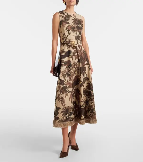 oscar midi dress beige Oscar De La Renta Belted Fringed Printed Midi Dress - Beige