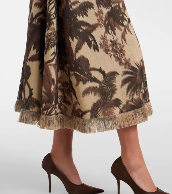 oscar midi dress beige Oscar De La Renta Belted Fringed Printed Midi Dress - Beige