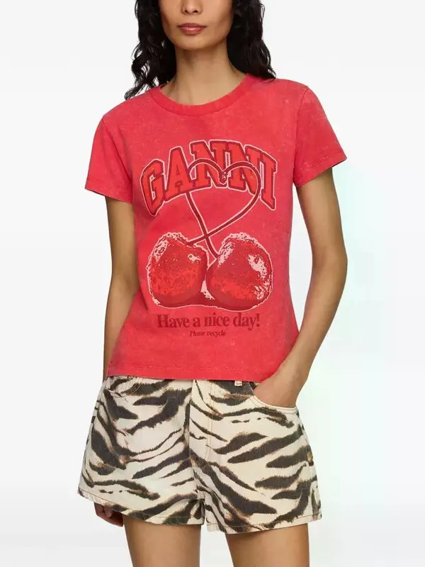 GANNI Cherry Print Organic Cotton T-shirt - Red