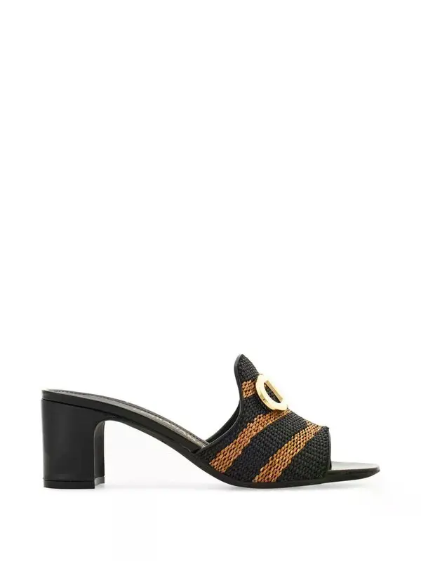 FERRAGAMO Gancini Ornament Mid-heel Raffia Slides - Brown